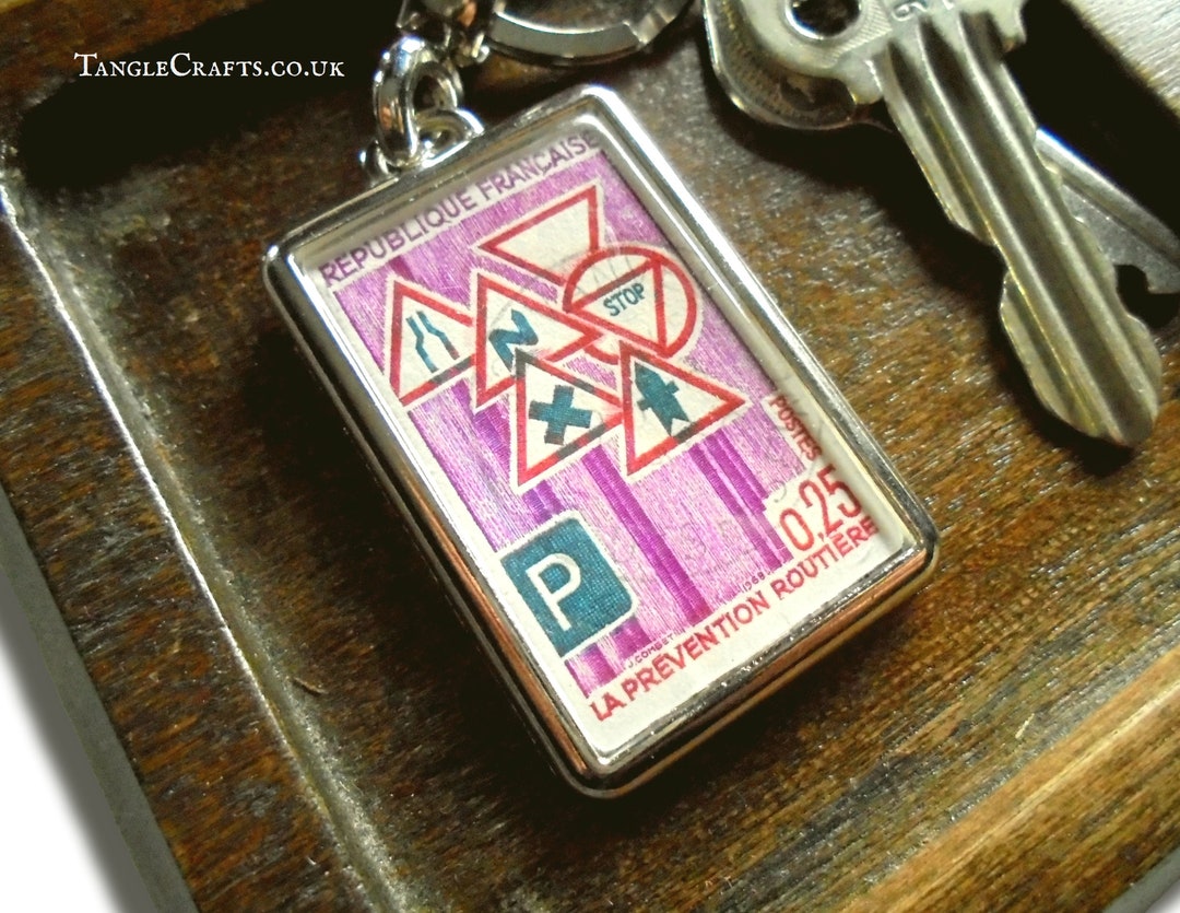 Road Sign Keyring, Vintage French Postage Stamp Keychain Traffic Signs ...