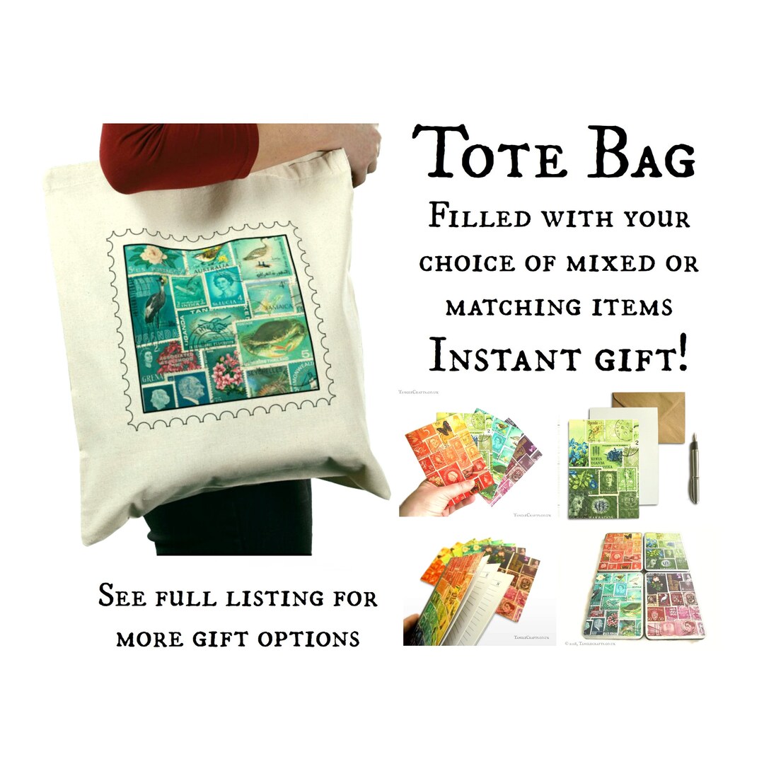 Teal Ombre Travel Tote Gift Set - Postage Stamp Print Grab Bag | Filled ...