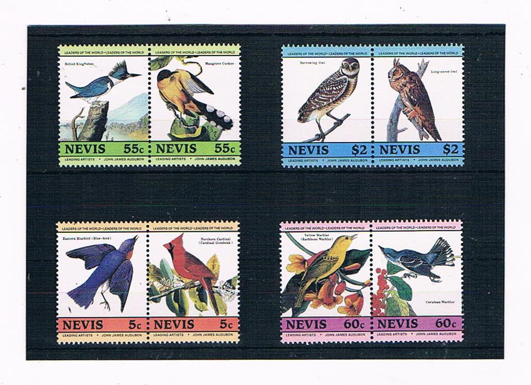 Audubon Birds on Nevis Postage Stamps Kingfisher, Owl, Cardinal ...