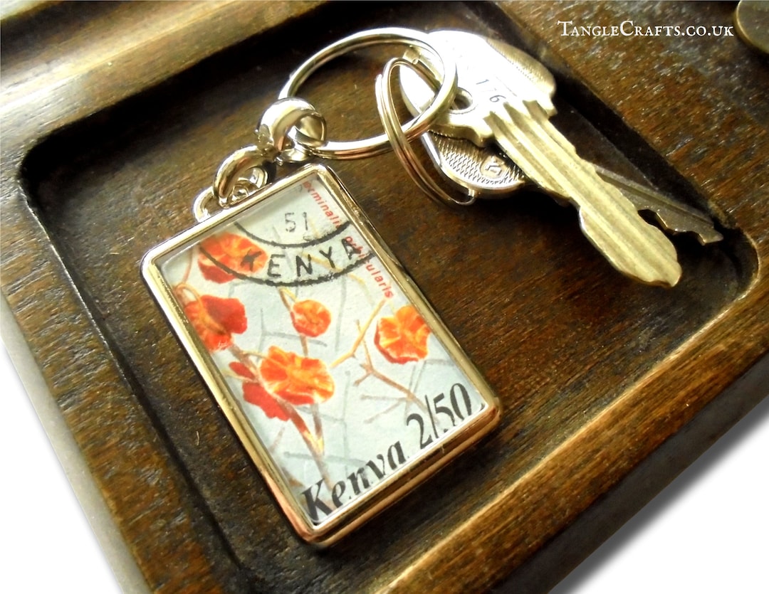 Red Flower Keyring, Upcycled Postal Stamp Keychain | Wild Flowering ...