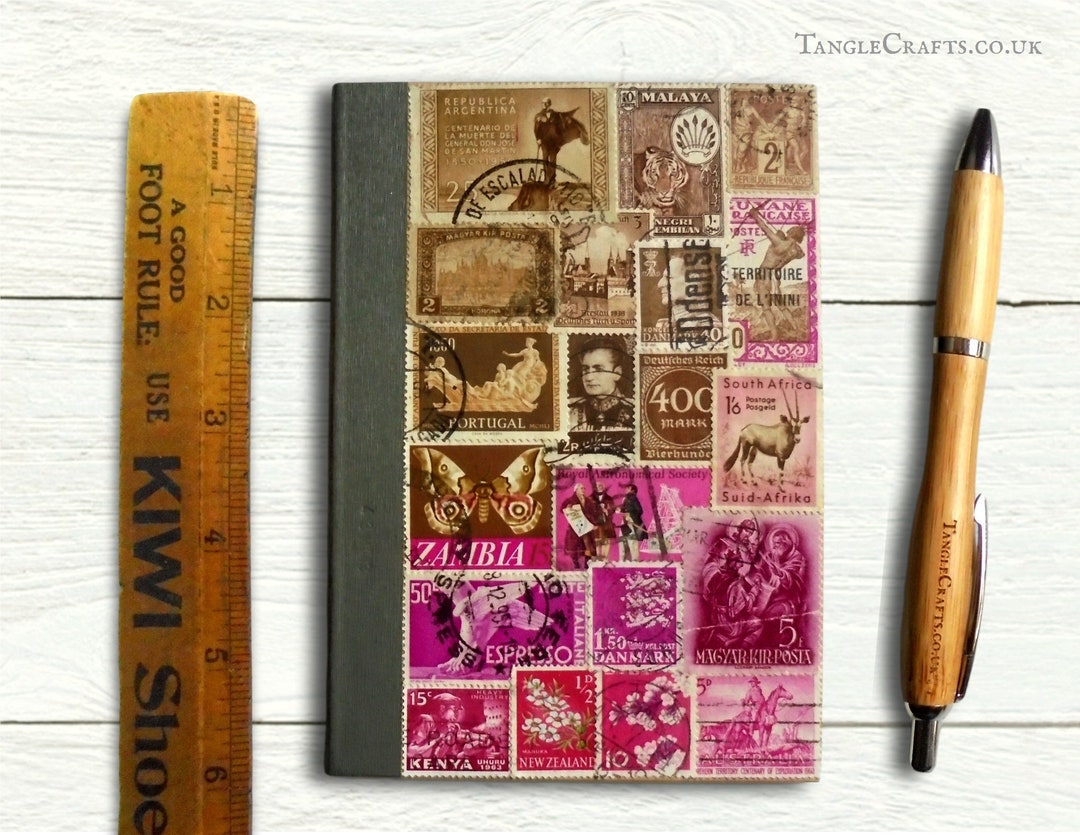 Brown & Pink Postage Stamp Notebook – Upcycled Vintage Collage Cover ...