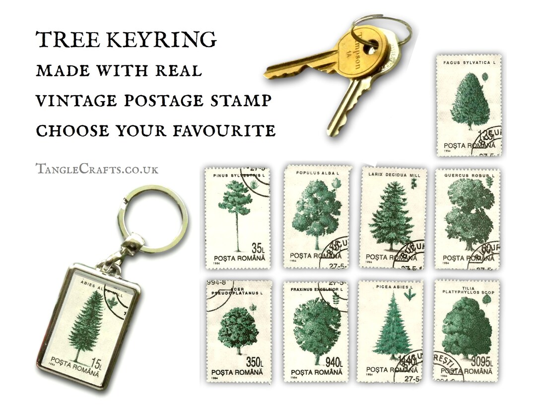 Tree Keyring Set, Recycled Postal Stamp Keychain Bundle | Forest Lover ...