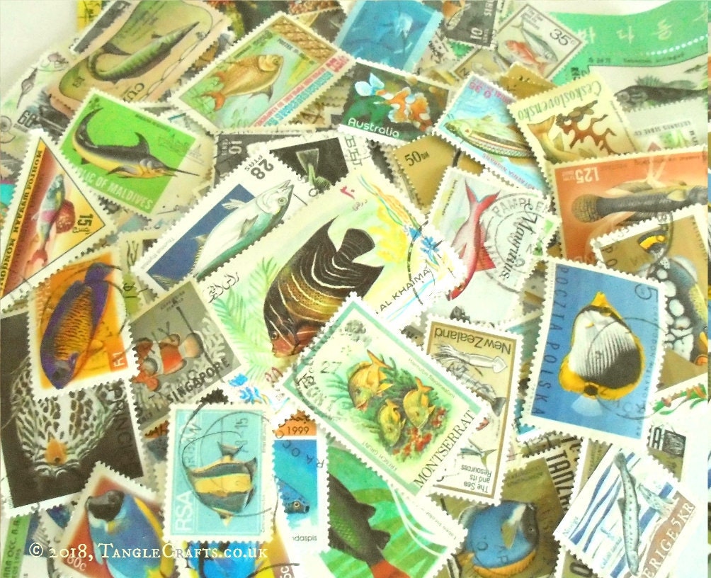 40 or 80 Fish postage stamps - sealife thematic stamp packet