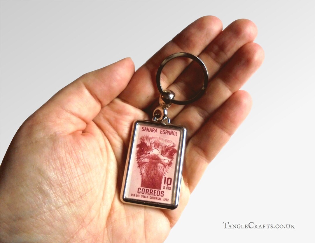 Ostrich Stare Keyring, Upcycled Vintage Postal Stamp African Sahara ...