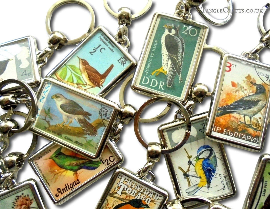 Bird Postage Stamp Keyring - Single or Mixed Set | Real Upcycled ...