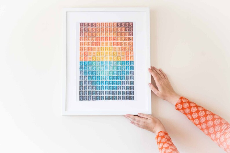 Sunset Sea Postage Stamp Art, Upcycled Abstract Orange Blue Office Wall ...