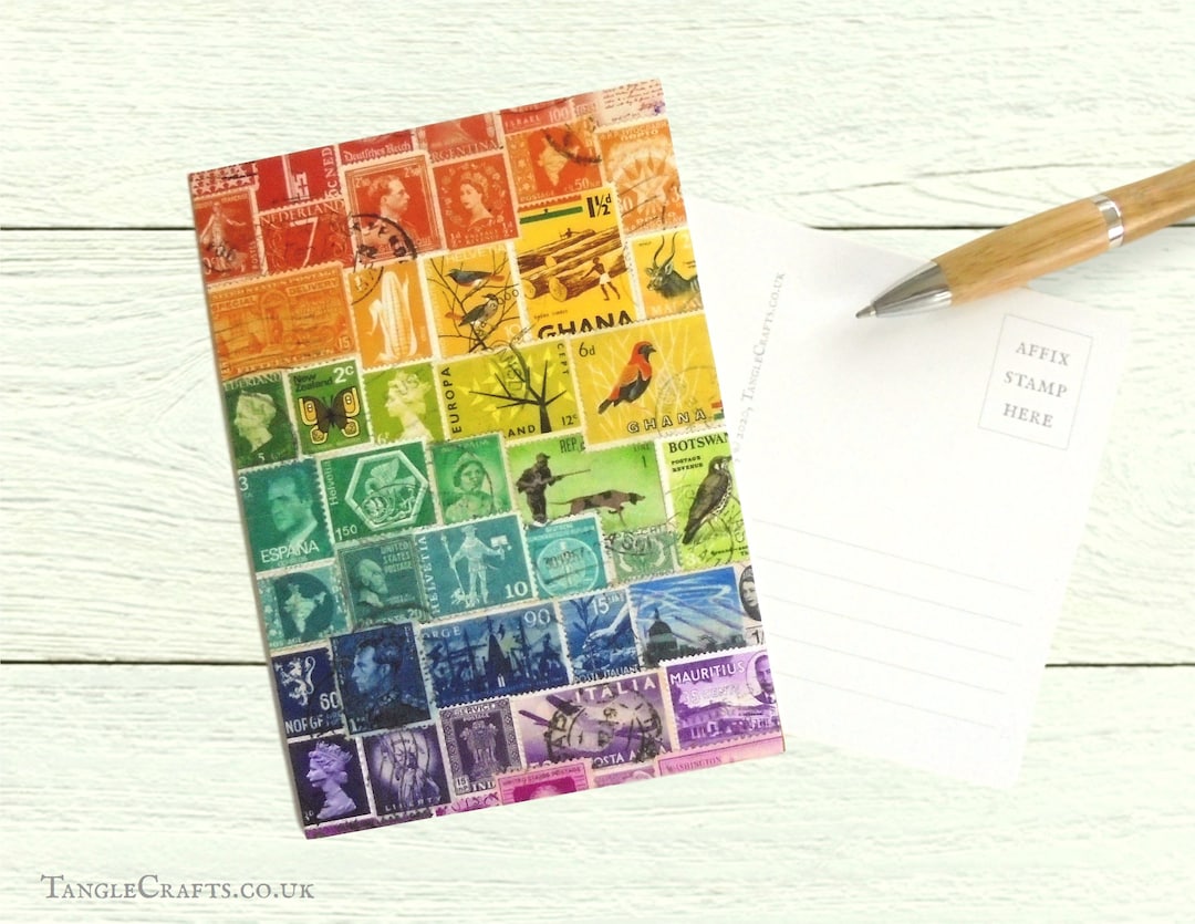 Rainbow Postcards, Set of 8 - Vintage Postage Stamp Spectrum Collage ...