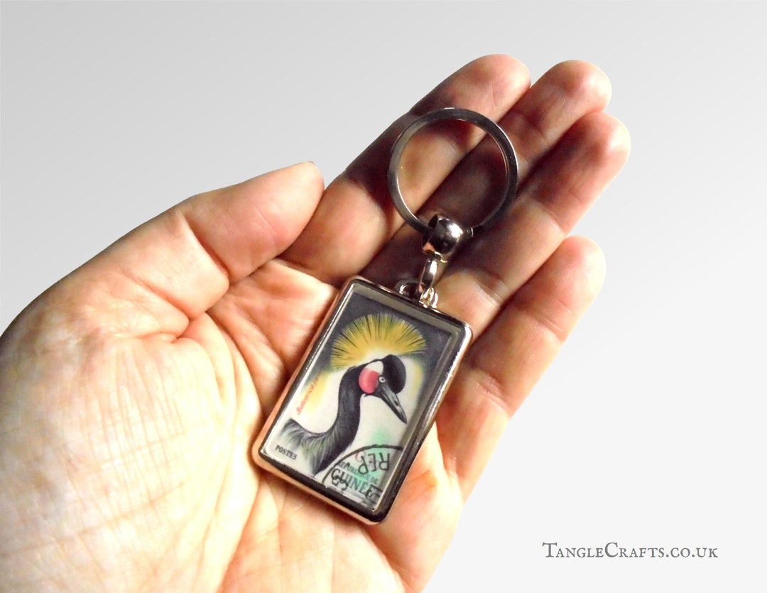 Black Crowned Crane Keychain, Upcycled Postage Stamp Keyring African ...