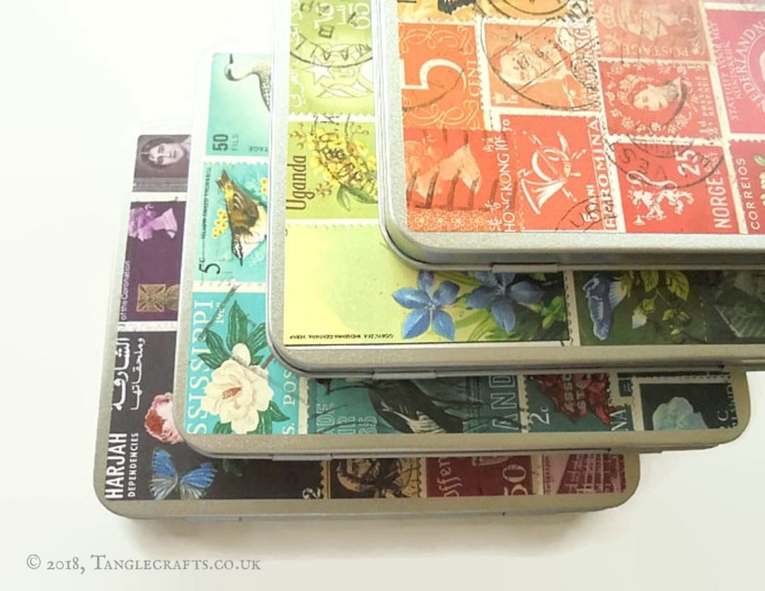 Tin Anniversary Gift Set, 4 Postage Stamp Storage Tins | Colourful ...