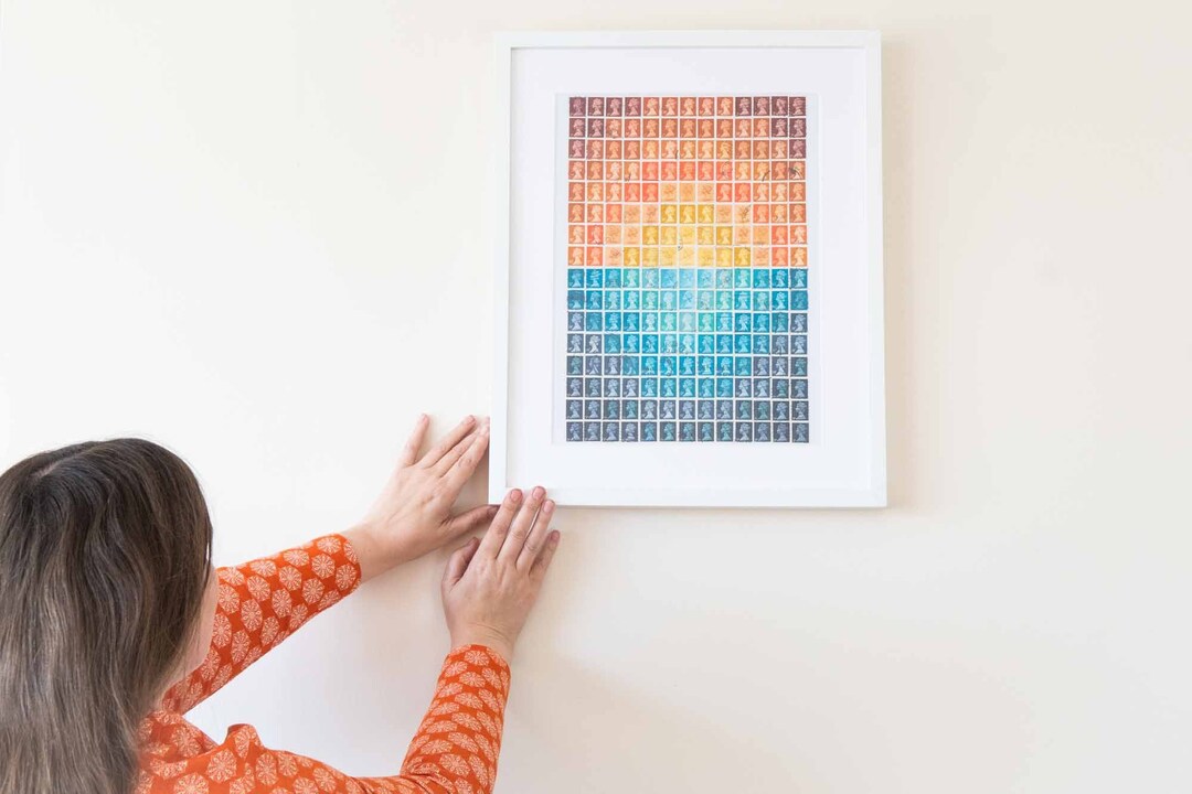 Sunset Sea Postage Stamp Art, Upcycled Abstract Orange Blue Office Wall ...