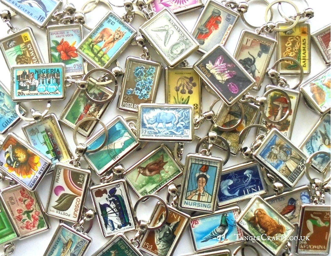 Bulk Set of Postage Stamp Keyrings | Mixed Designs & Themes, Vintage ...