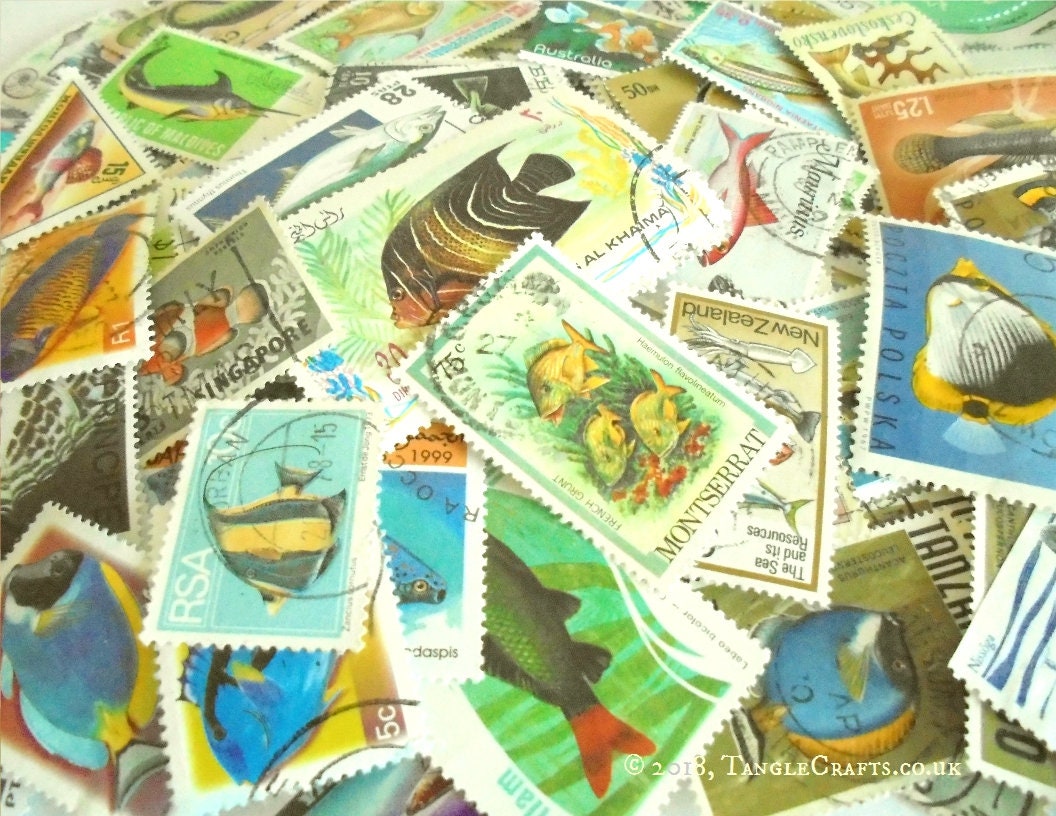 40 or 80 Fish postage stamps - sealife thematic stamp packet
