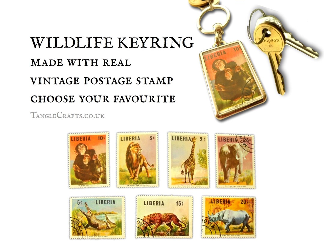 Wild Animal Keyring, Vintage Postal Stamp Keychain | Chimp Lion ...