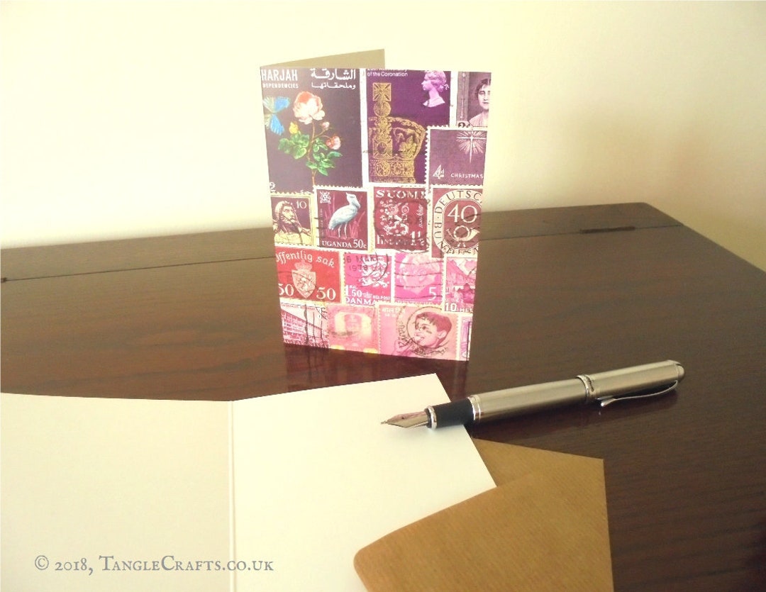 Purple Postage Stamp Note Card | Single Notecard or Set, Blank Inside ...