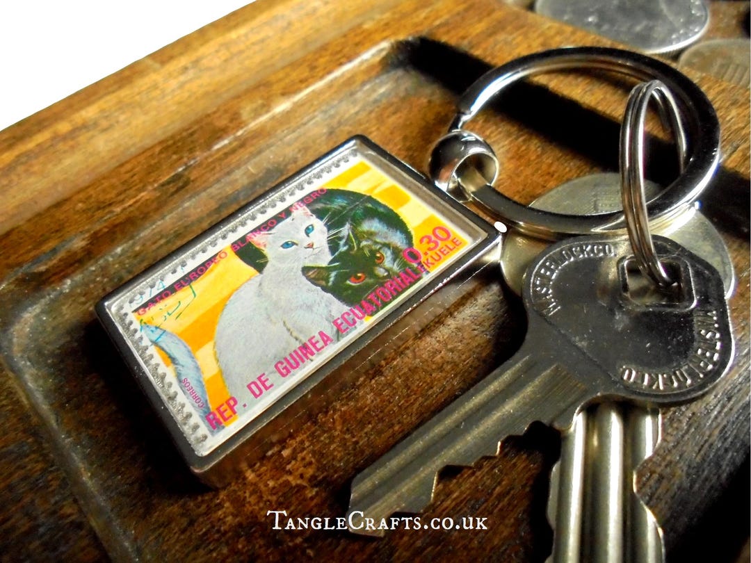 Cat Couple Keychain, Orange Postage Stamp Keyring | Intertwined Black ...
