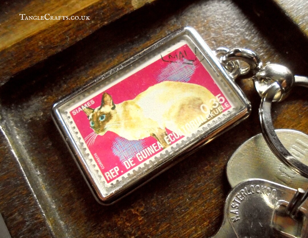 Siamese Cat Keychain, Pink Postage Stamp Keyring | Feline Philately ...