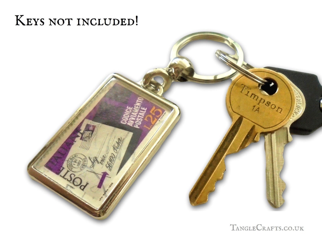 Postcode Postage Stamp Keyring, Choice of Colours | Upcycled Keychain ...