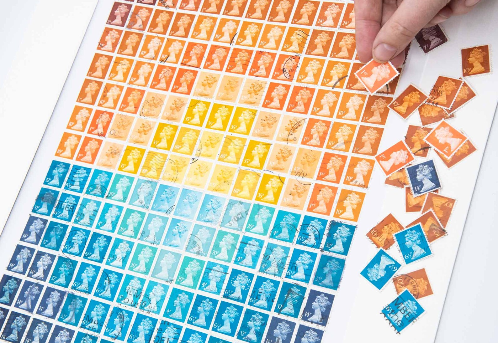 Sunset Sea Postage Stamp Art Upcycled Abstract Orange Blue | Etsy
