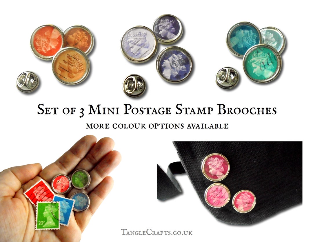 Set of 3 Postage Stamp Brooch Lapel Pins, Choice of Colours | Queen's ...