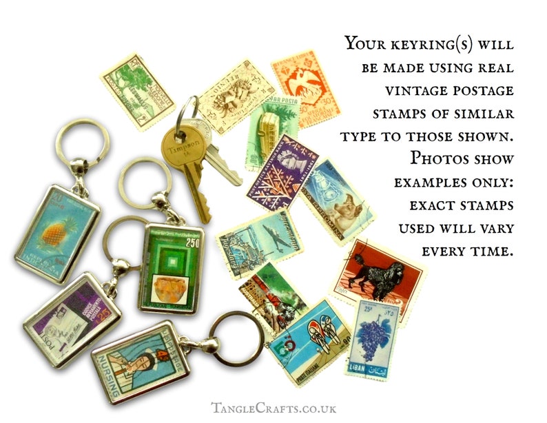 Bulk Set of Postage Stamp Keyrings | Mixed Designs & Themes, Vintage ...