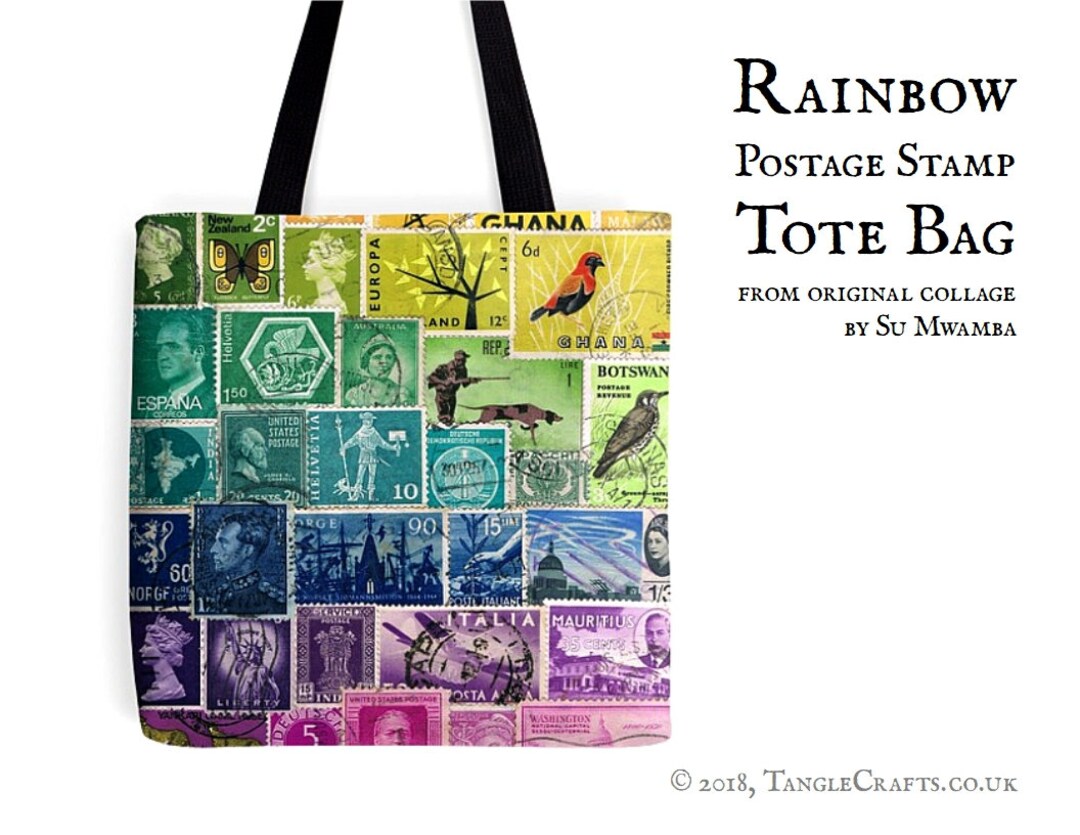 Rainbow Tote Bag - Postage Stamp Print | Colourful Long Handle Shopper ...
