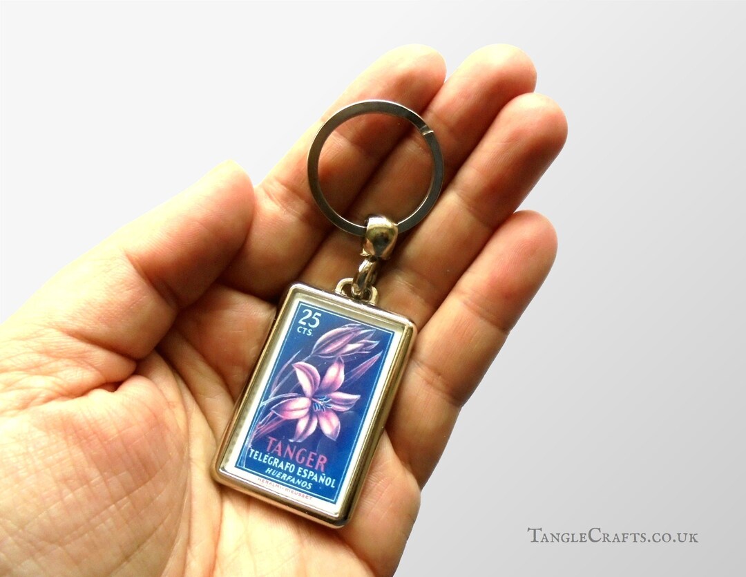 Lily Keyring, Retro Ephemera Keychain | Rich Blue Background, Mauve ...