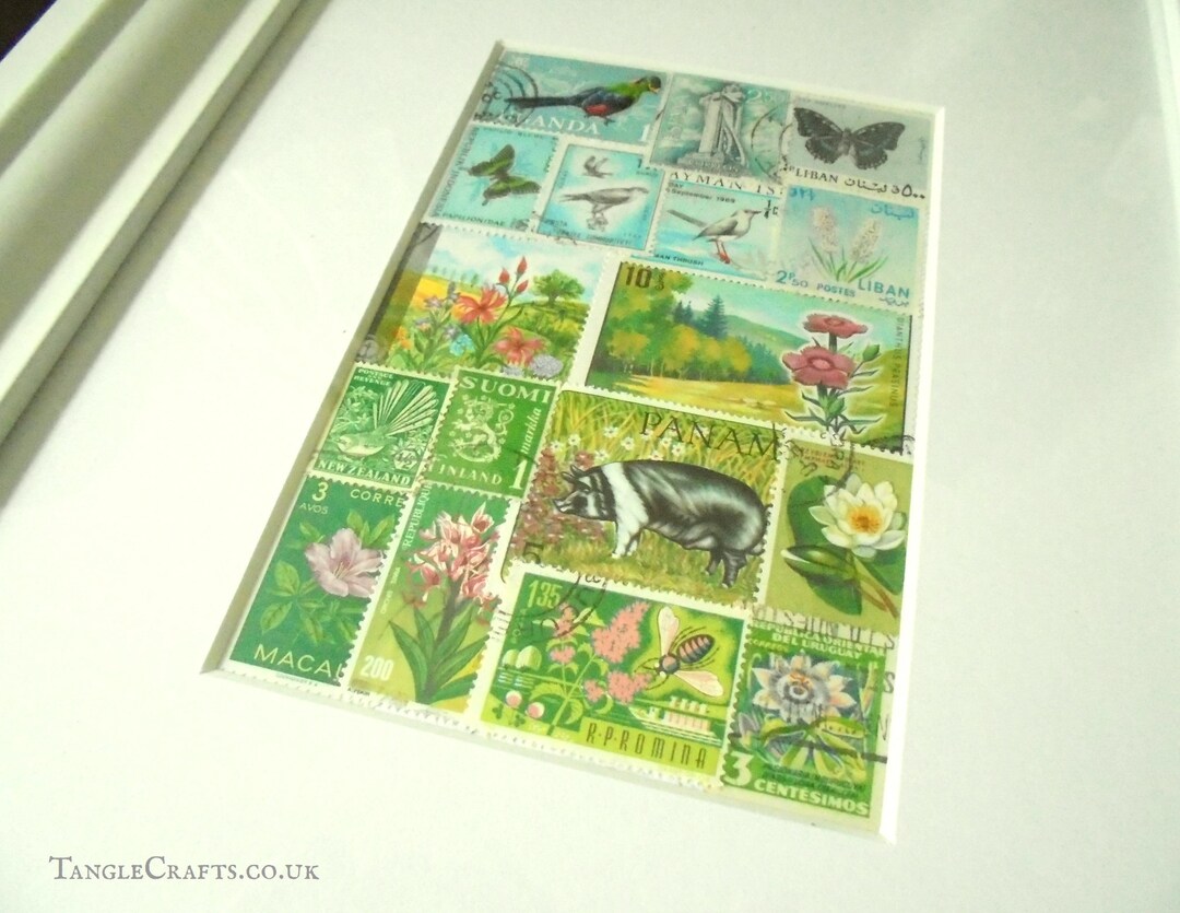 Pig in Clover, Upcycled Postage Stamp Wall Art | Abstract Landscape ...