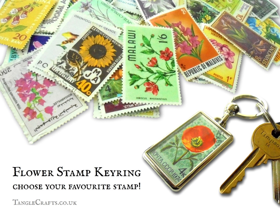 Flower Keyring, Old Postage Stamp Designs | Vintage Floral Postal Stamp ...
