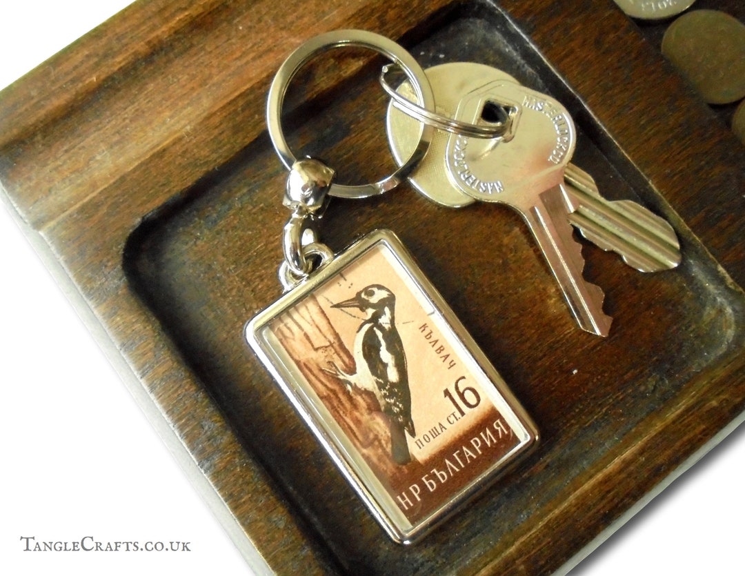 Woodpecker Keyring - Real Vintage Postage Stamp Keychain | Retro Forest ...
