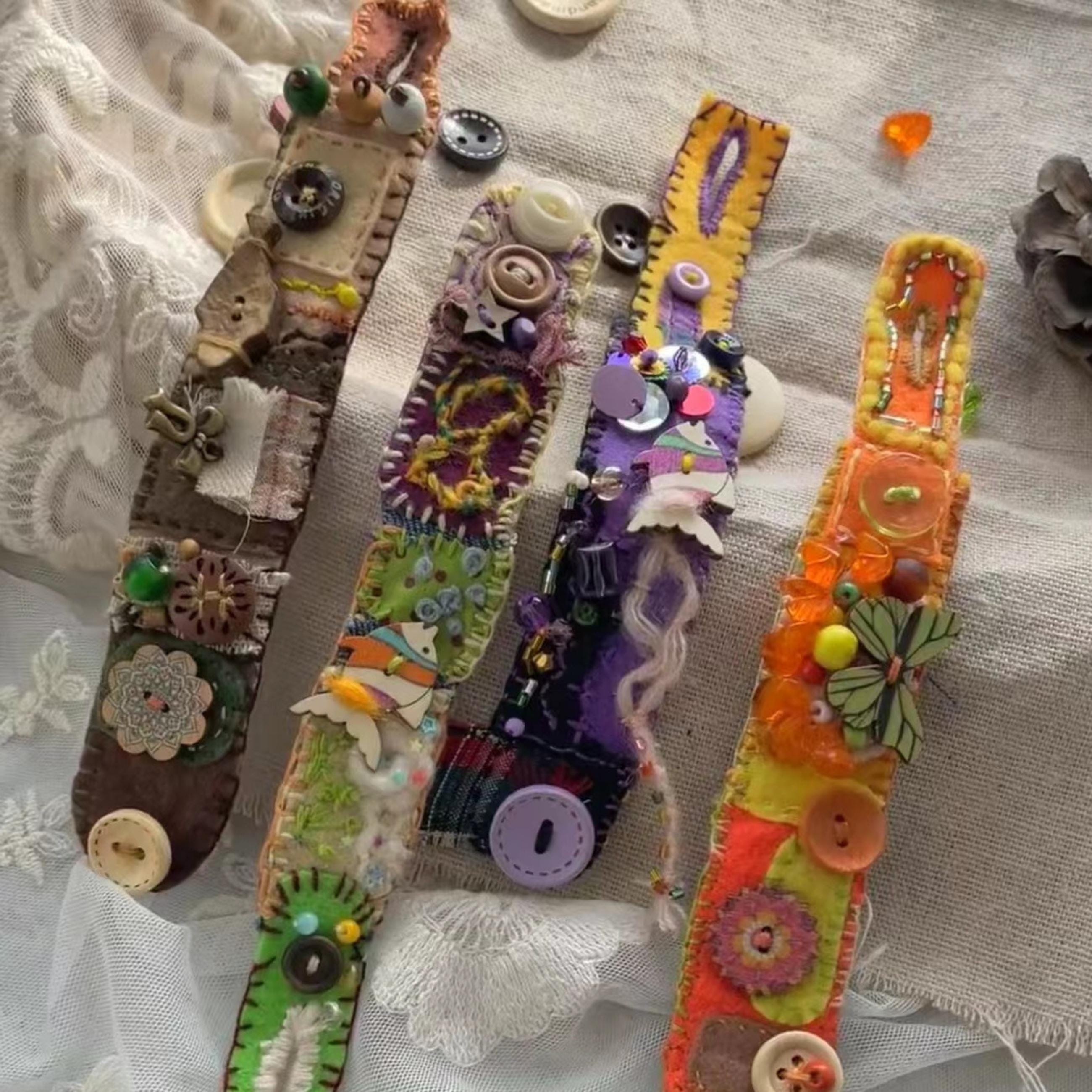 Cloth Boho Bracelet, Fabric Cuff Bracelet With Buttons, Colorful ...