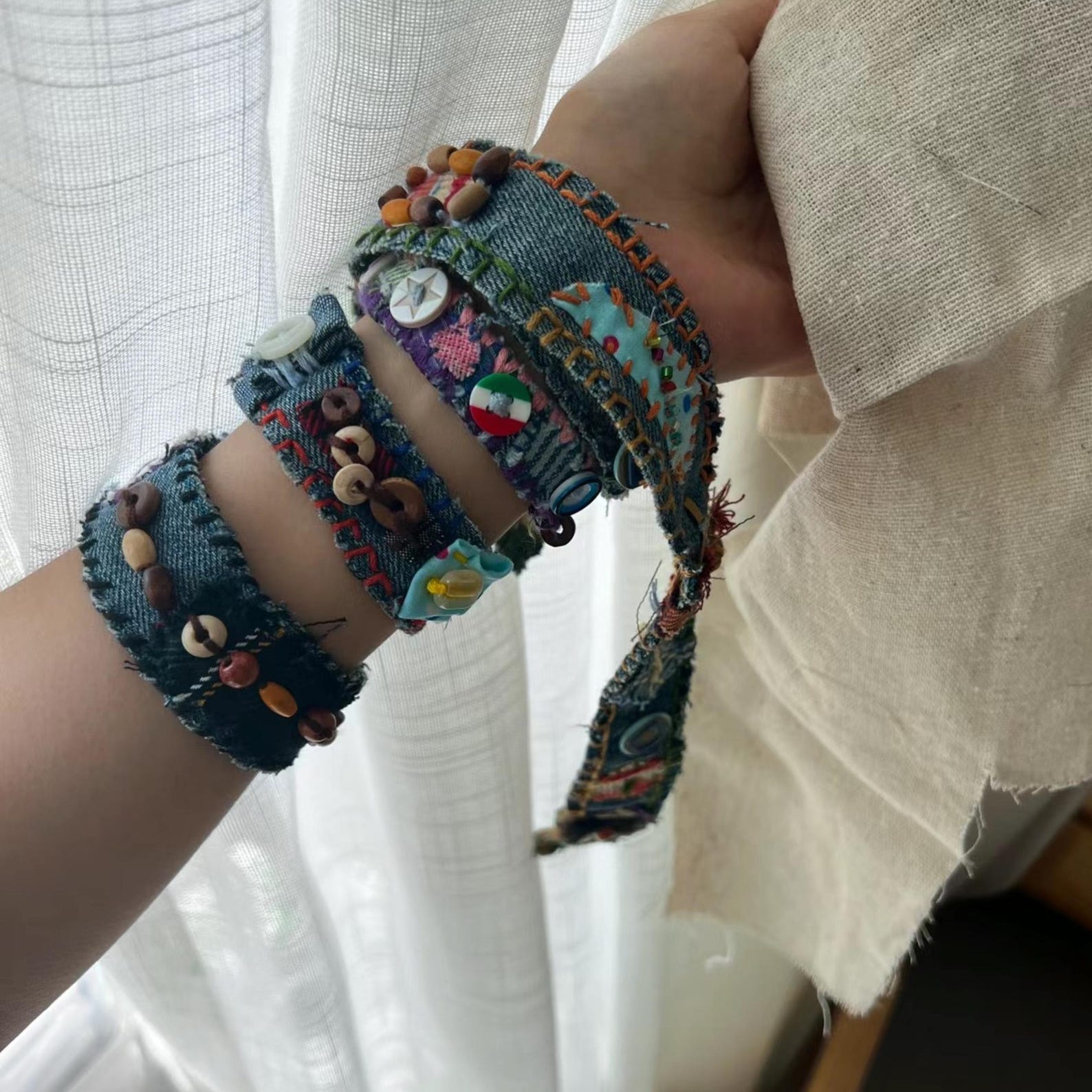 Upcycled Denim Boho Bracelet, Repurposed Jeans Fabric Cuff Bracelet ...