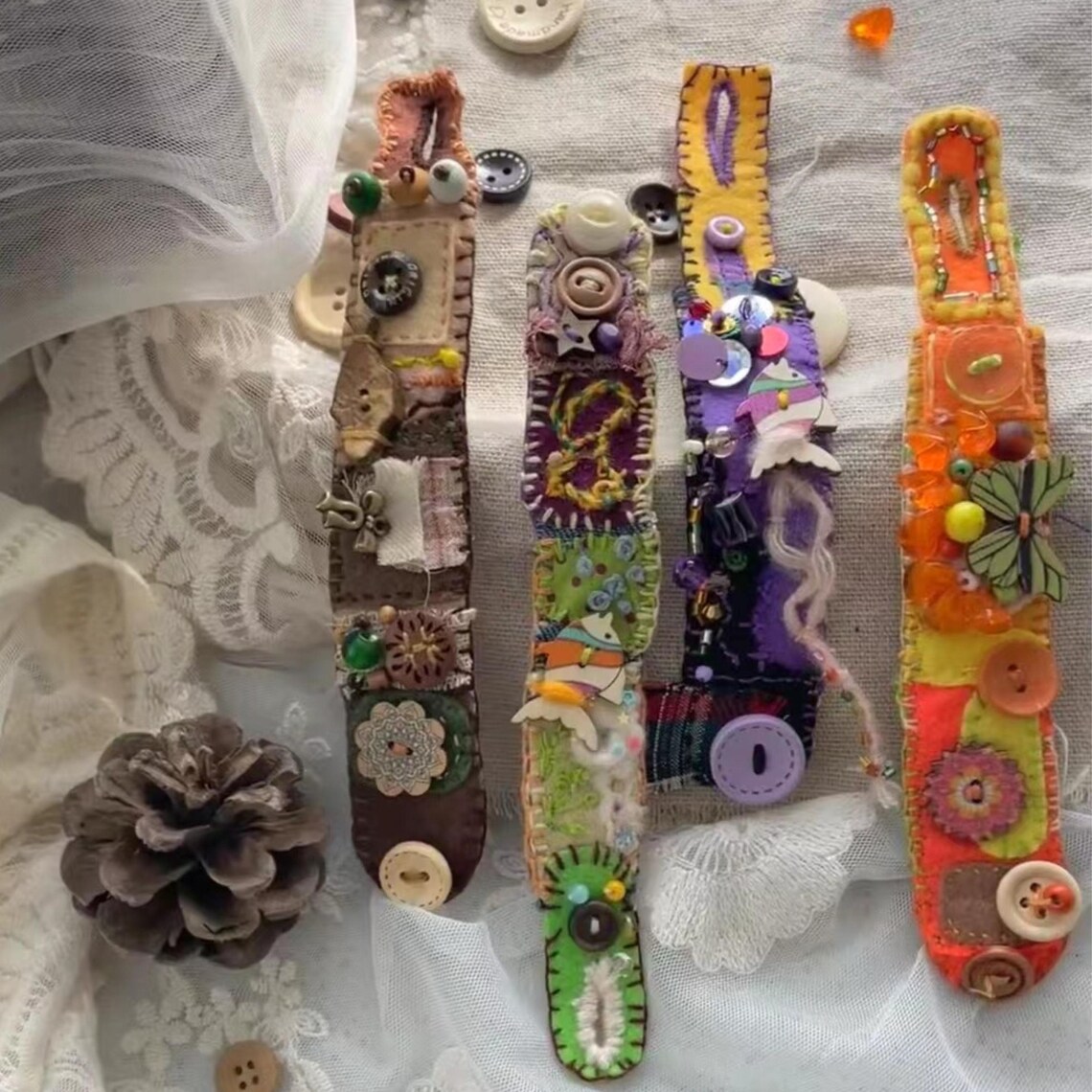 Cloth Boho Bracelet, Fabric Cuff Bracelet With Buttons, Colorful ...