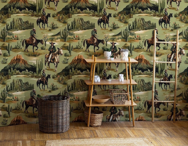 Retro Western Cowboy Wallpaper: Rustic Desert Scene (peel and Stick) - Etsy