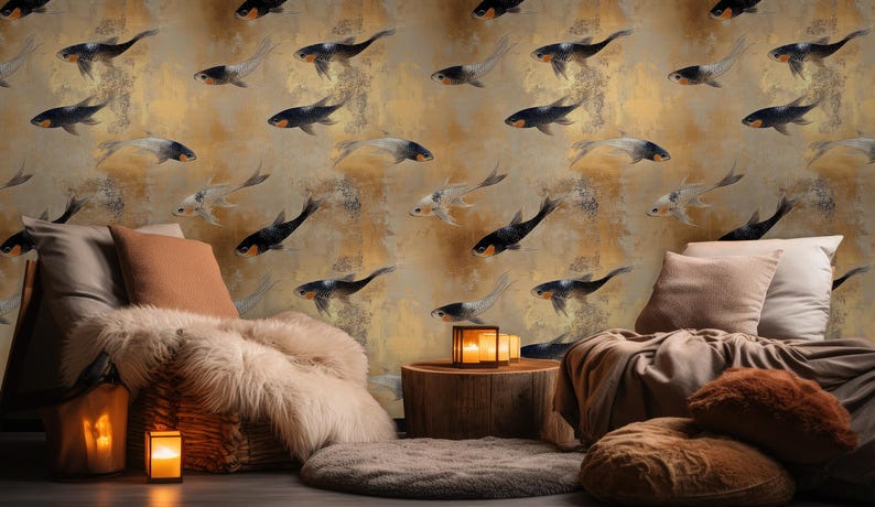 Luxury Goldfish Pattern Wallpaper - Elegant Gold and Black Fish ...