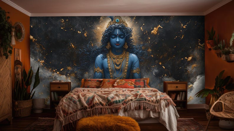 Divine Meditative Deity Wallpaper Indian Style Wall Art With Blue ...