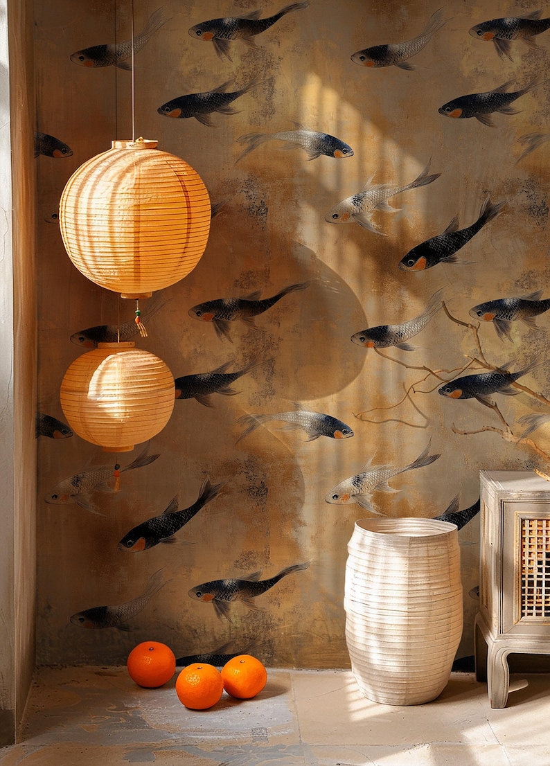 Luxury Goldfish Pattern Wallpaper - Elegant Gold and Black Fish ...