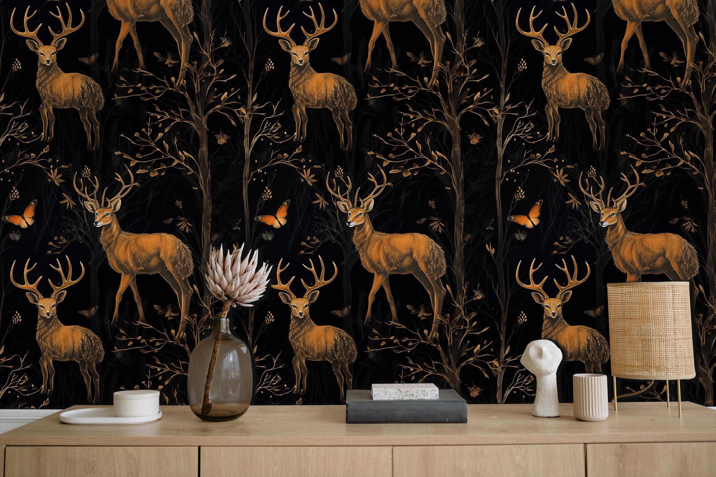 Golden Deer and Forest Dark Background Wallpaper - Golden Deer ...