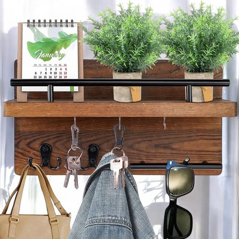 Wooden Wall Key Holder Shelf With 5 Hooks Mail Organizer Home Decor for ...