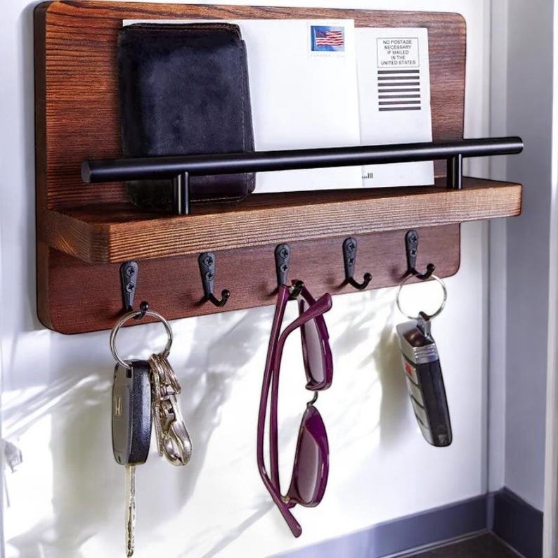 Wooden Wall Key Holder Shelf With 5 Hooks Mail Organizer Home Decor for ...