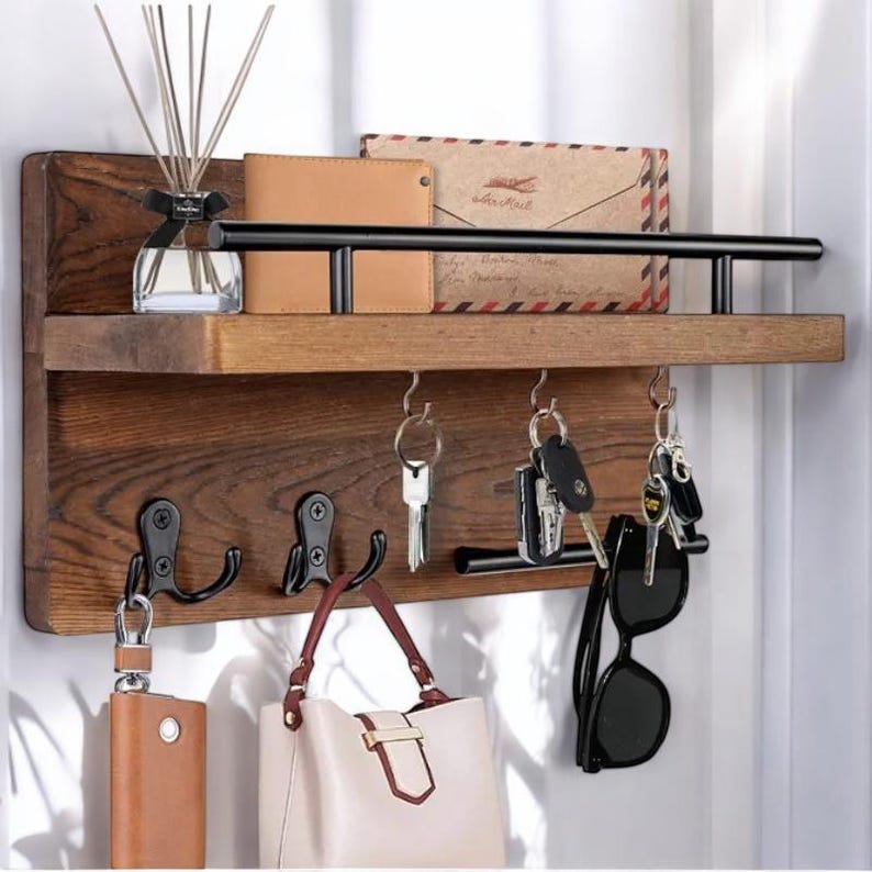 Wooden Wall Key Holder Shelf With 5 Hooks Mail Organizer Home Decor for ...
