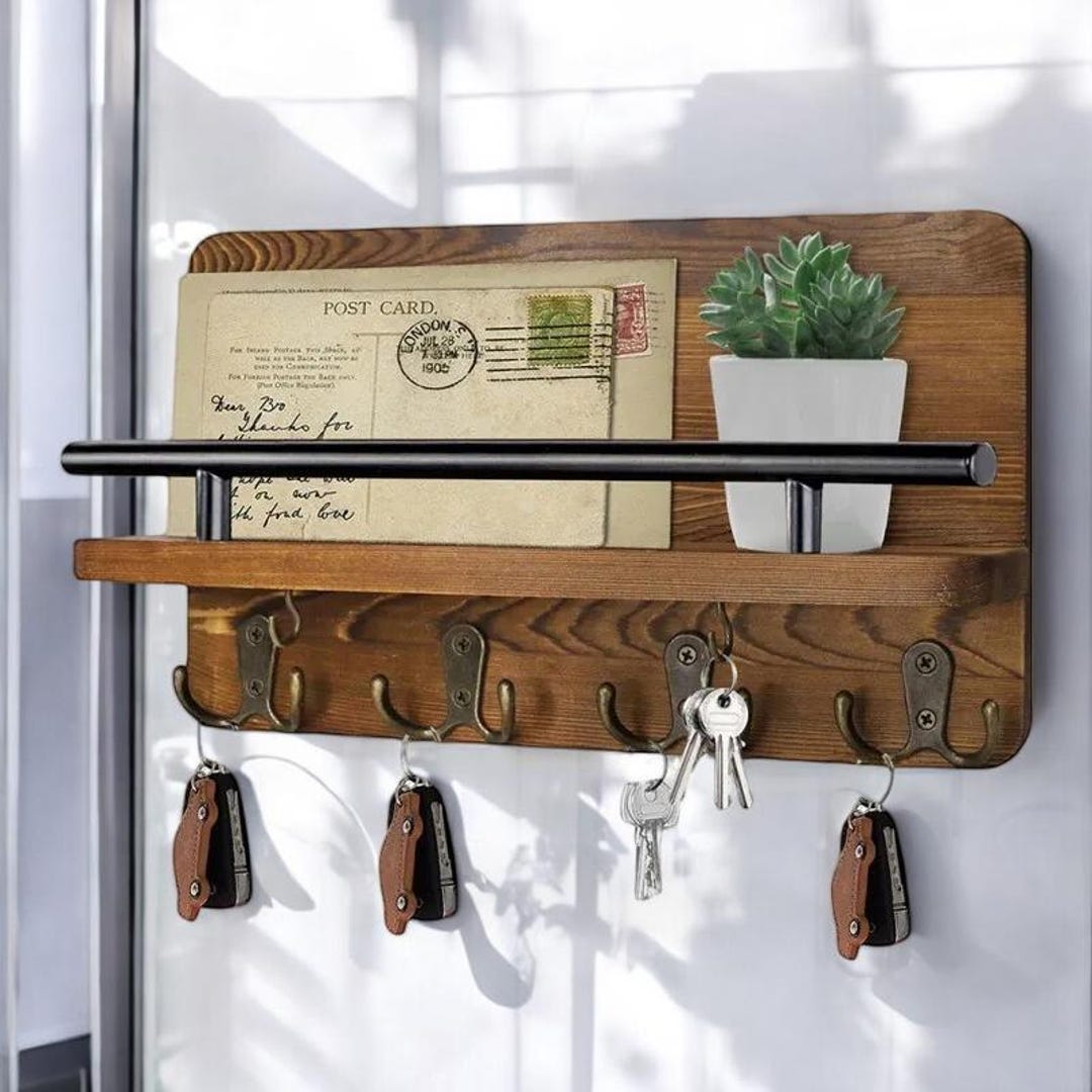 Wooden Wall Key Holder Shelf With 5 Hooks Mail Organizer Home Decor for ...