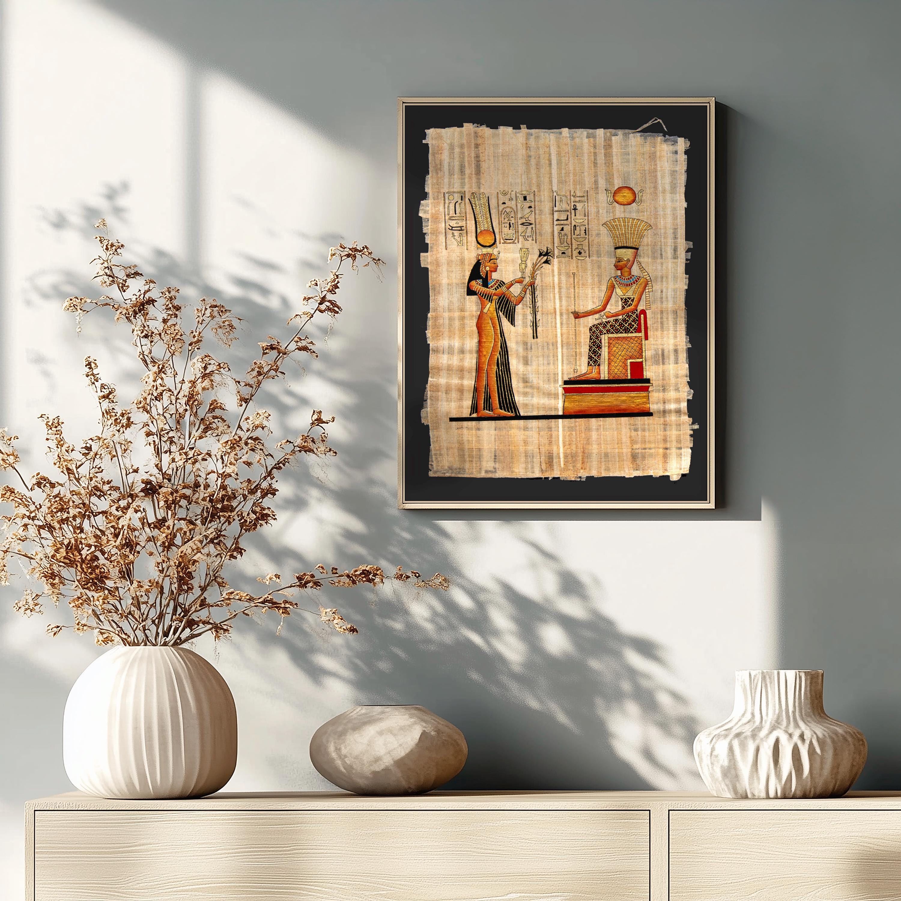 Queen Nefertari Before Goddess Anuket - Vintage Egyptian Signed Painting on Handcrafted Papyrus ...