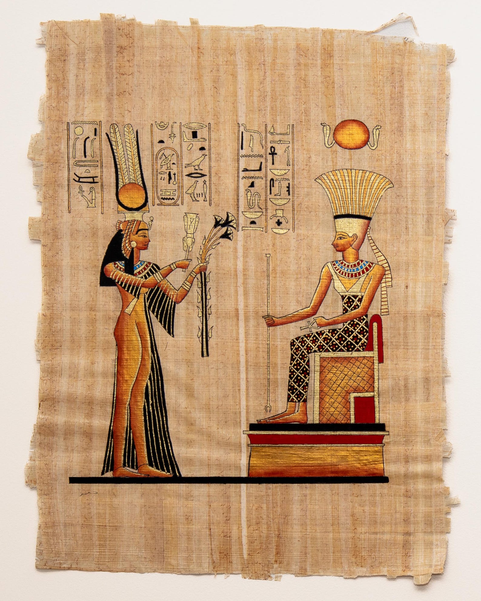 Queen Nefertari Before Goddess Anuket - Vintage Egyptian Signed Painting on Handcrafted Papyrus ...