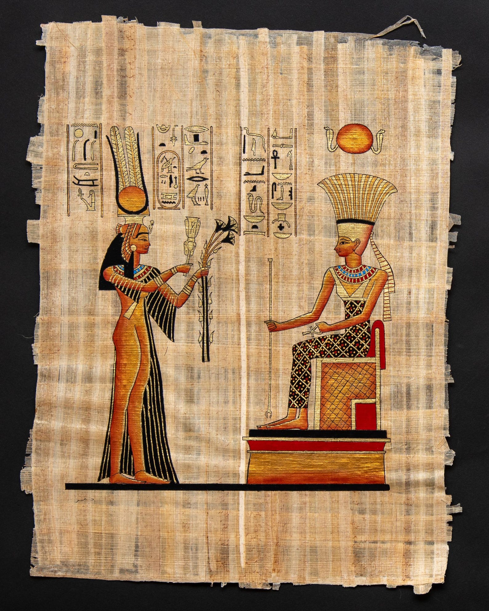 Queen Nefertari Before Goddess Anuket - Vintage Egyptian Signed Painting on Handcrafted Papyrus ...