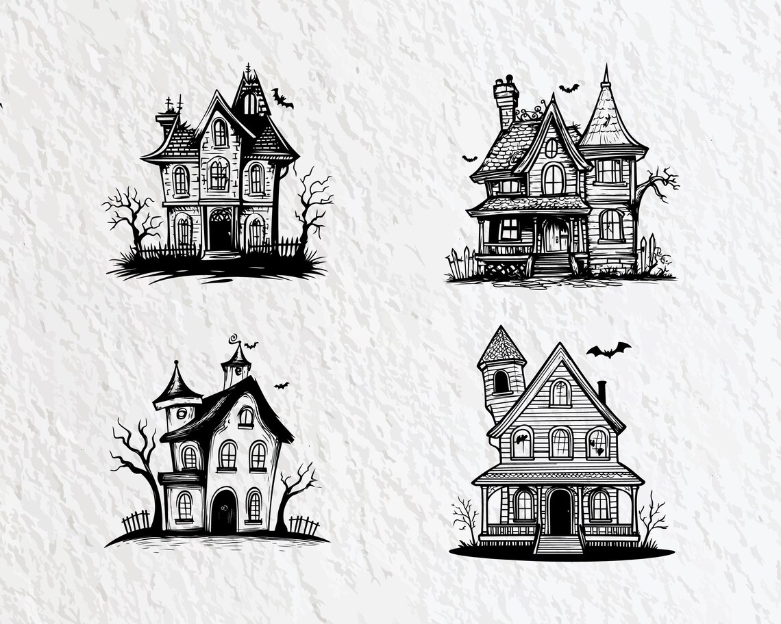 Haunted House Silhouette Bundle Png, Haunted House Svg Outline, Haunted ...