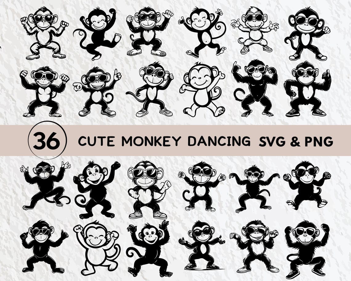 Cute Monkey Dancing Svg Bundle, Monkey Silhouette Png, Monkey Outline ...