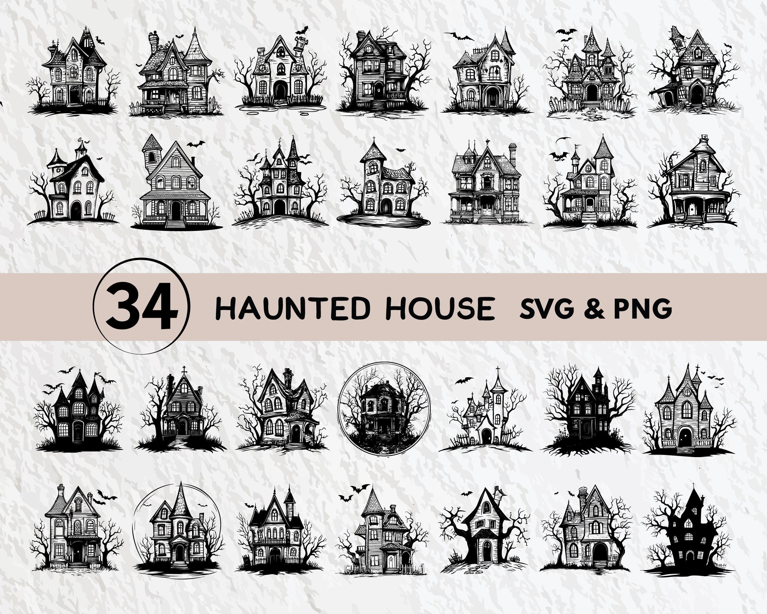 Haunted House Silhouette Bundle Png, Haunted House Svg Outline, Haunted ...