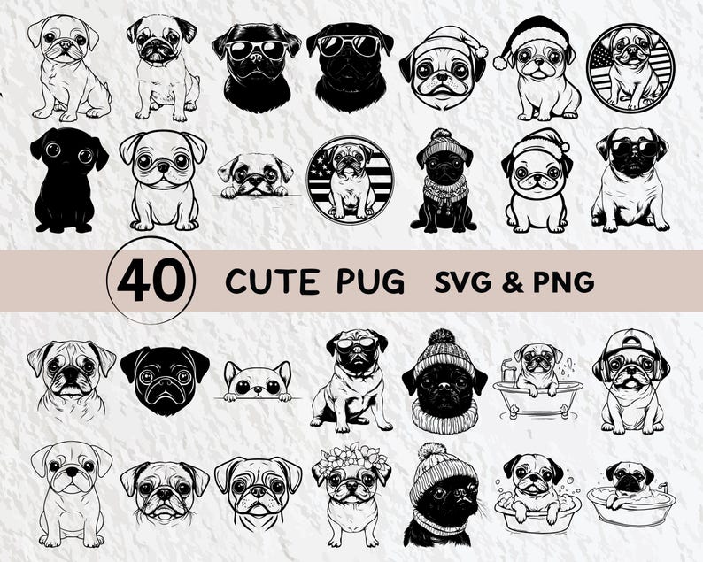 Cute Pug Silhouette Svg, Cute Pug Svg Bundle, Cute Pug Clipart, Cute ...