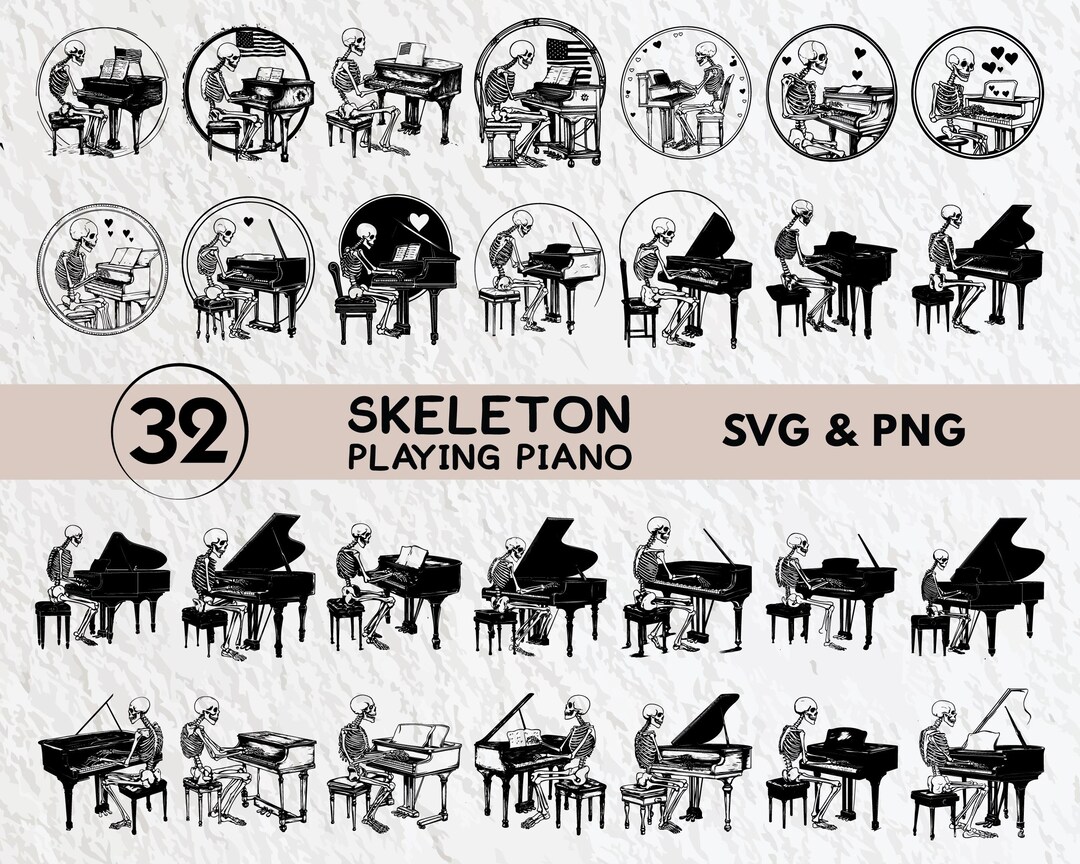 Skeleton Playing Piano SVG Bundle: Clipart, Silhouette, Vector (digital ...