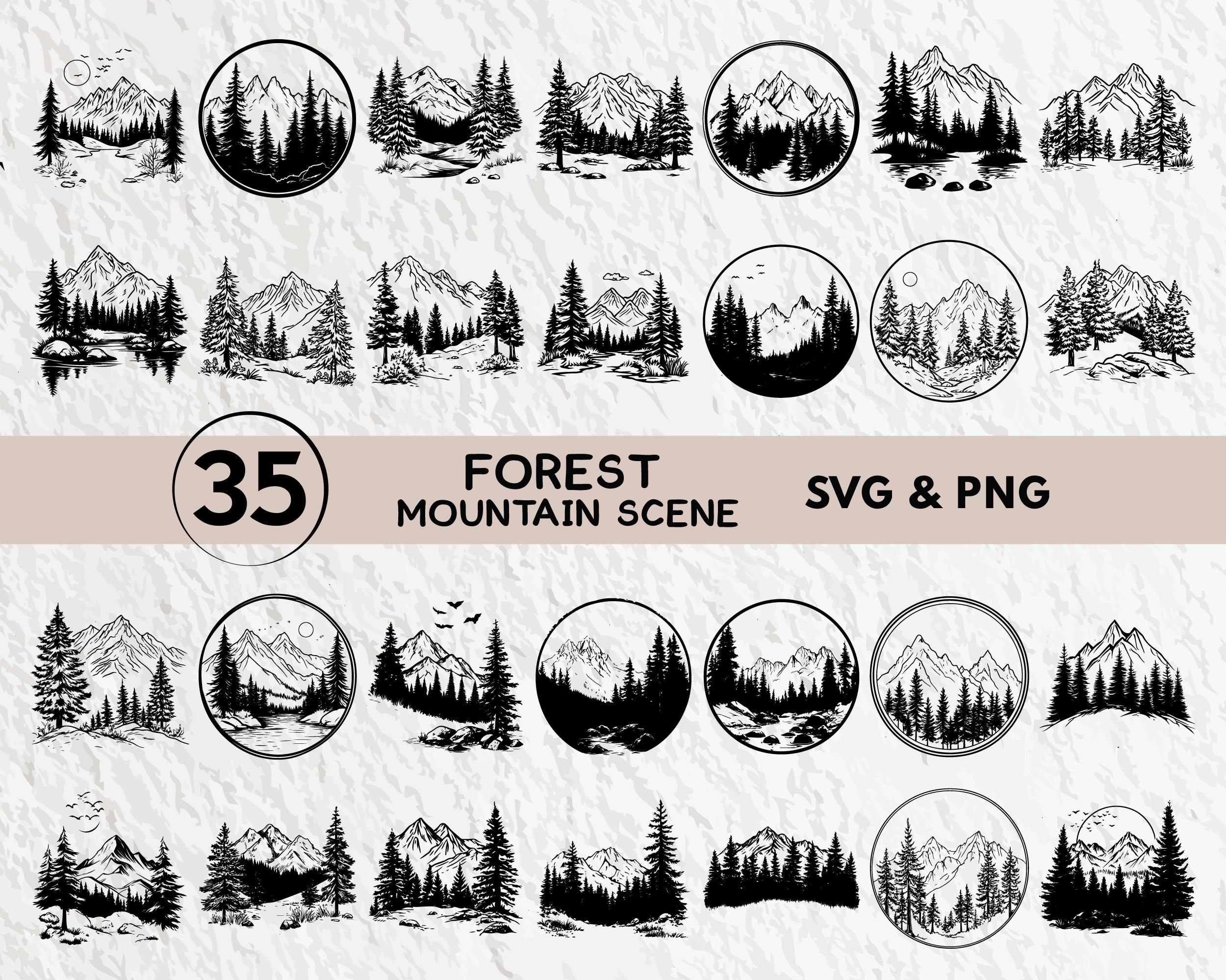 Forest Mountain Scene SVG Bundle: Silhouette Clipart (PNG, Vector) - Etsy